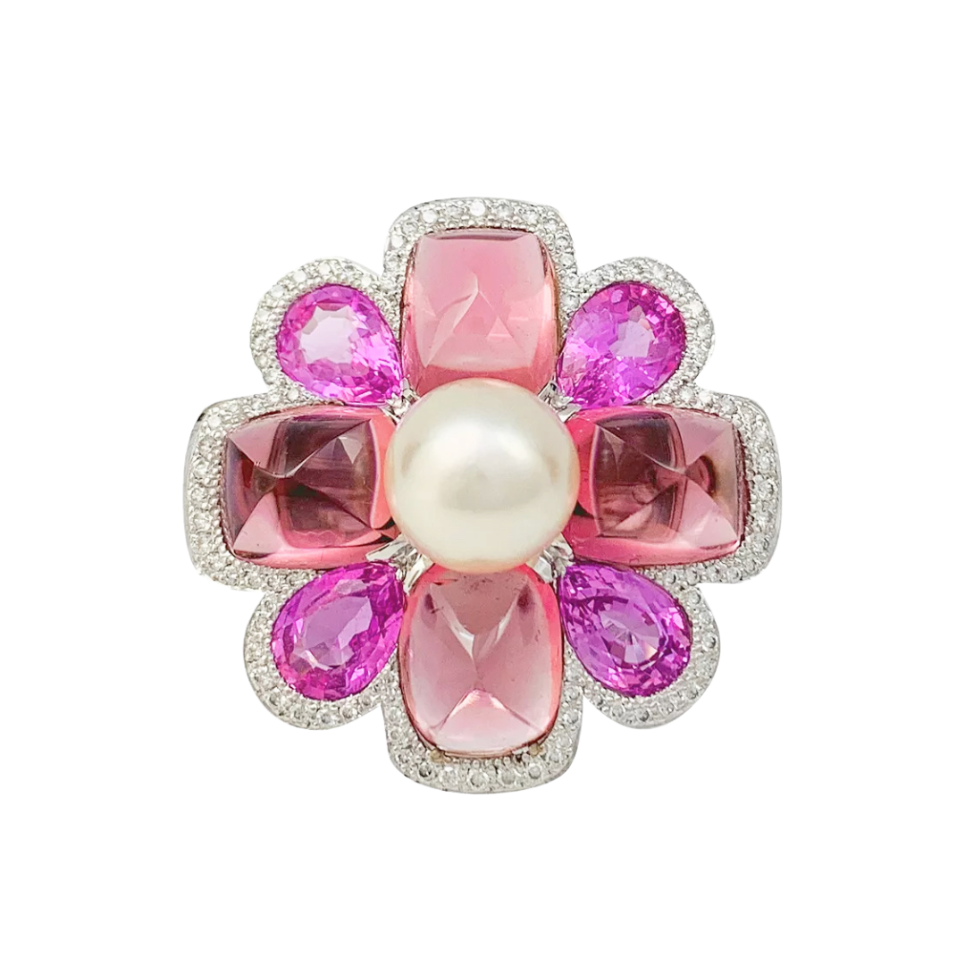Chanel ring, "San Marco", white gold, pearl, pink sapphires, pink tour